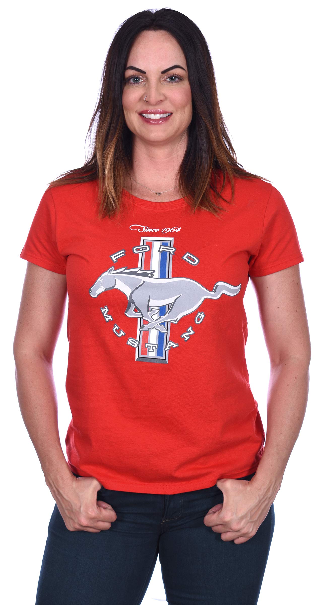 JH DESIGN GROUP Women's Ford Mustang Classic Emblem T-Shirt in Black Red or Heather-Gray (Large, Red)