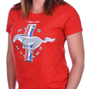 JH DESIGN GROUP Women's Ford Mustang Classic Emblem T-Shirt in Black Red or Heather-Gray (Large, Red)