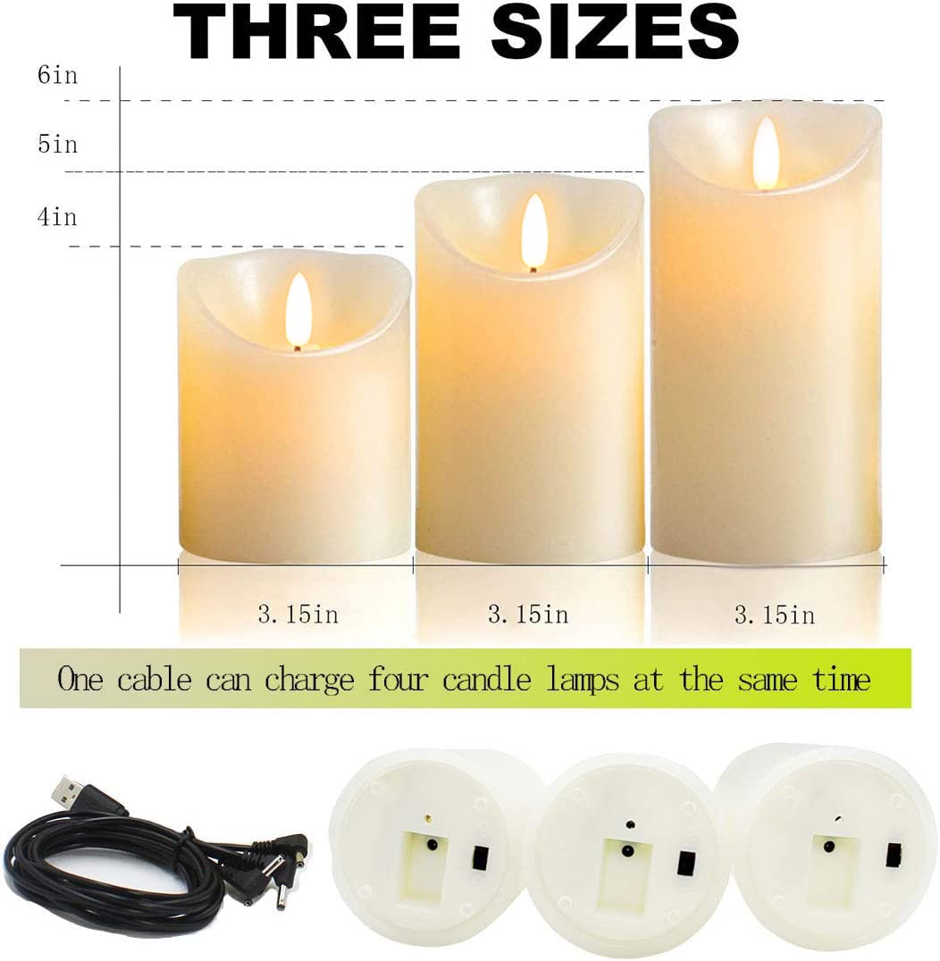 Autbye Rechargeable Flameless Candles, LED Flickering Candles Tealights Pillar Candles Sets with Adjustable Brightness and Timing Remote, 4in 5in 6in Pack of 3