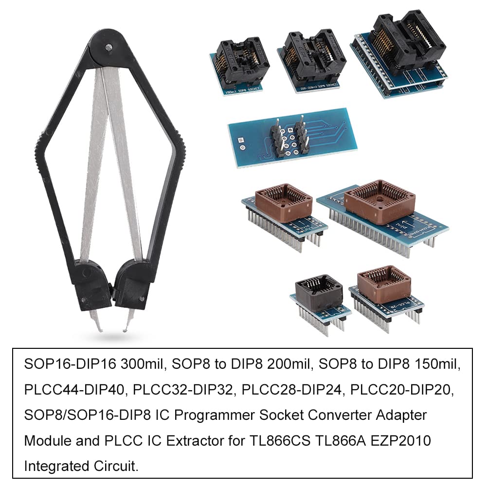 ASHATA 9 Piece Programmer Adapters Sockets Kit with 16 SOP16, 8 SOP8 to DIP8, PLCC44- DIP40, DIP SMD for TL866CS TL866A EZP2010 IC Extractor