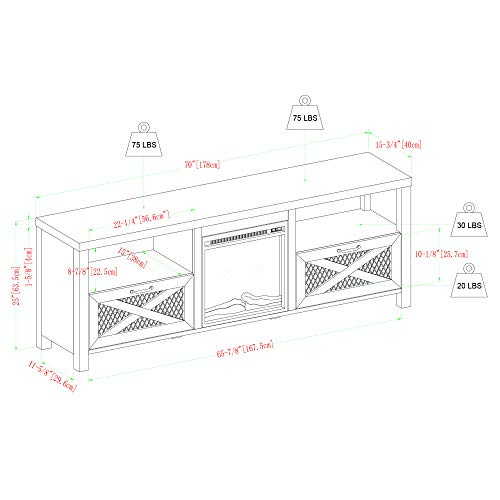 Walker Edison Calgary Industrial Farmhouse X-Drawer Metal Mesh and Wood Fireplace TV Stand for TVs up to 80 Inches, 70 Inch, Stone Grey