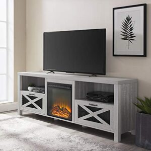 Walker Edison Calgary Industrial Farmhouse X-Drawer Metal Mesh and Wood Fireplace TV Stand for TVs up to 80 Inches, 70 Inch, Stone Grey