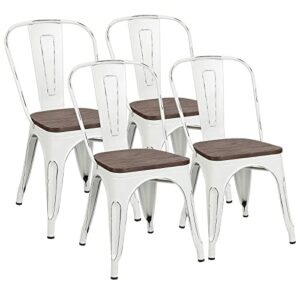 furniwell metal dining chairs with wood seat, indoor outdoor use stackable tolix industrial metal chairs set of 4 for kitchen, dining room, bistro and cafe (white)