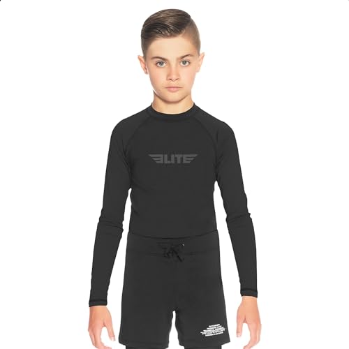 Elite Sports Rash guards for boys and girls, full sleeve compression BJJ kids and youth rash guard (Black, Medium)