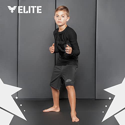 Elite Sports Rash guards for boys and girls, full sleeve compression BJJ kids and youth rash guard (Black, Medium)