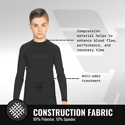 Elite Sports Rash guards for boys and girls, full sleeve compression BJJ kids and youth rash guard (Black, Medium)