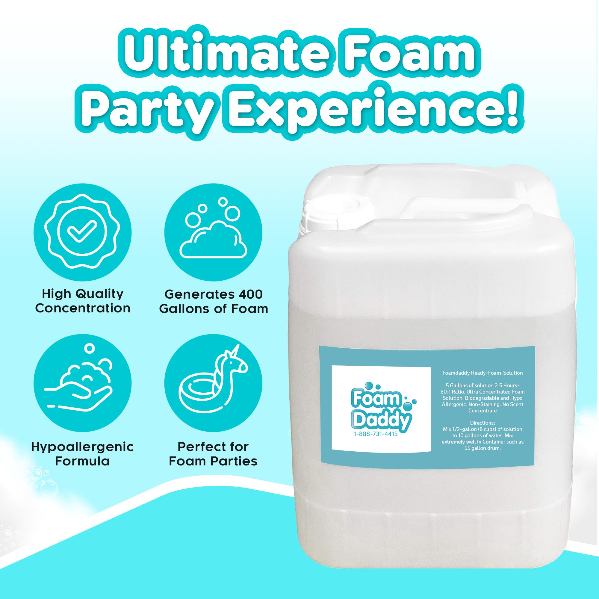 Foamdaddy Professional 5 Gallon Concentrated Foam Solution - Hypoallergenic, Perfect for Foam Parties - Makes 400 Gallons of Foam - 10 Rounds of Ultimate Fun Experince with our Party Solution