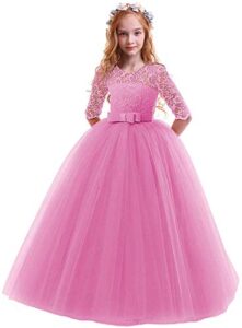 toddler girl's embroidery tulle lace maxi flower girl wedding bridesmaid dress 3/4 sleeve long a line pageant formal prom dance evening gowns casual holiday party dress bean pink 3-4