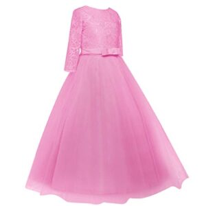 Toddler Girl's Embroidery Tulle Lace Maxi Flower Girl Wedding Bridesmaid Dress 3/4 Sleeve Long A Line Pageant Formal Prom Dance Evening Gowns Casual Holiday Party Dress Bean Pink 3-4