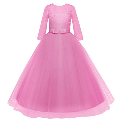 Toddler Girl's Embroidery Tulle Lace Maxi Flower Girl Wedding Bridesmaid Dress 3/4 Sleeve Long A Line Pageant Formal Prom Dance Evening Gowns Casual Holiday Party Dress Bean Pink 3-4