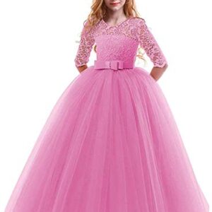 Toddler Girl's Embroidery Tulle Lace Maxi Flower Girl Wedding Bridesmaid Dress 3/4 Sleeve Long A Line Pageant Formal Prom Dance Evening Gowns Casual Holiday Party Dress Bean Pink 3-4