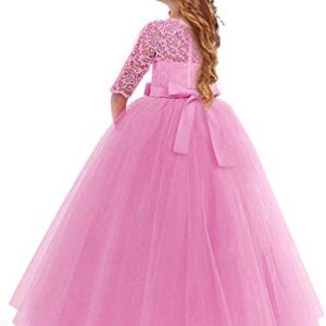 Toddler Girl's Embroidery Tulle Lace Maxi Flower Girl Wedding Bridesmaid Dress 3/4 Sleeve Long A Line Pageant Formal Prom Dance Evening Gowns Casual Holiday Party Dress Bean Pink 3-4