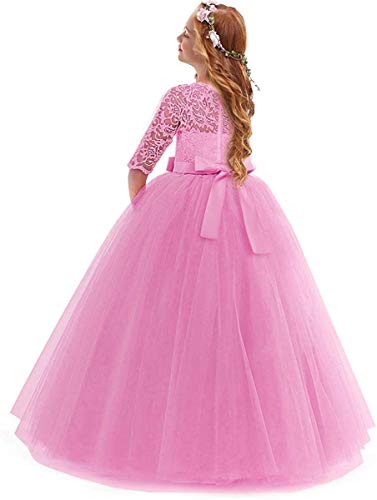 Toddler Girl's Embroidery Tulle Lace Maxi Flower Girl Wedding Bridesmaid Dress 3/4 Sleeve Long A Line Pageant Formal Prom Dance Evening Gowns Casual Holiday Party Dress Bean Pink 3-4