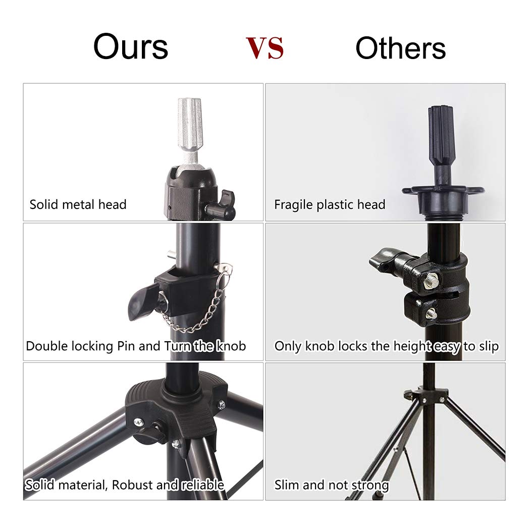 Wig Stand Tripod Mannequin Head Stand Metal Adjustable Heavy Duty Wig Head Stand for Canvas Block Head Cosmetology Hairdressing Training Doll Head and Styling Making Wigs with Smartphone Clamp Mount