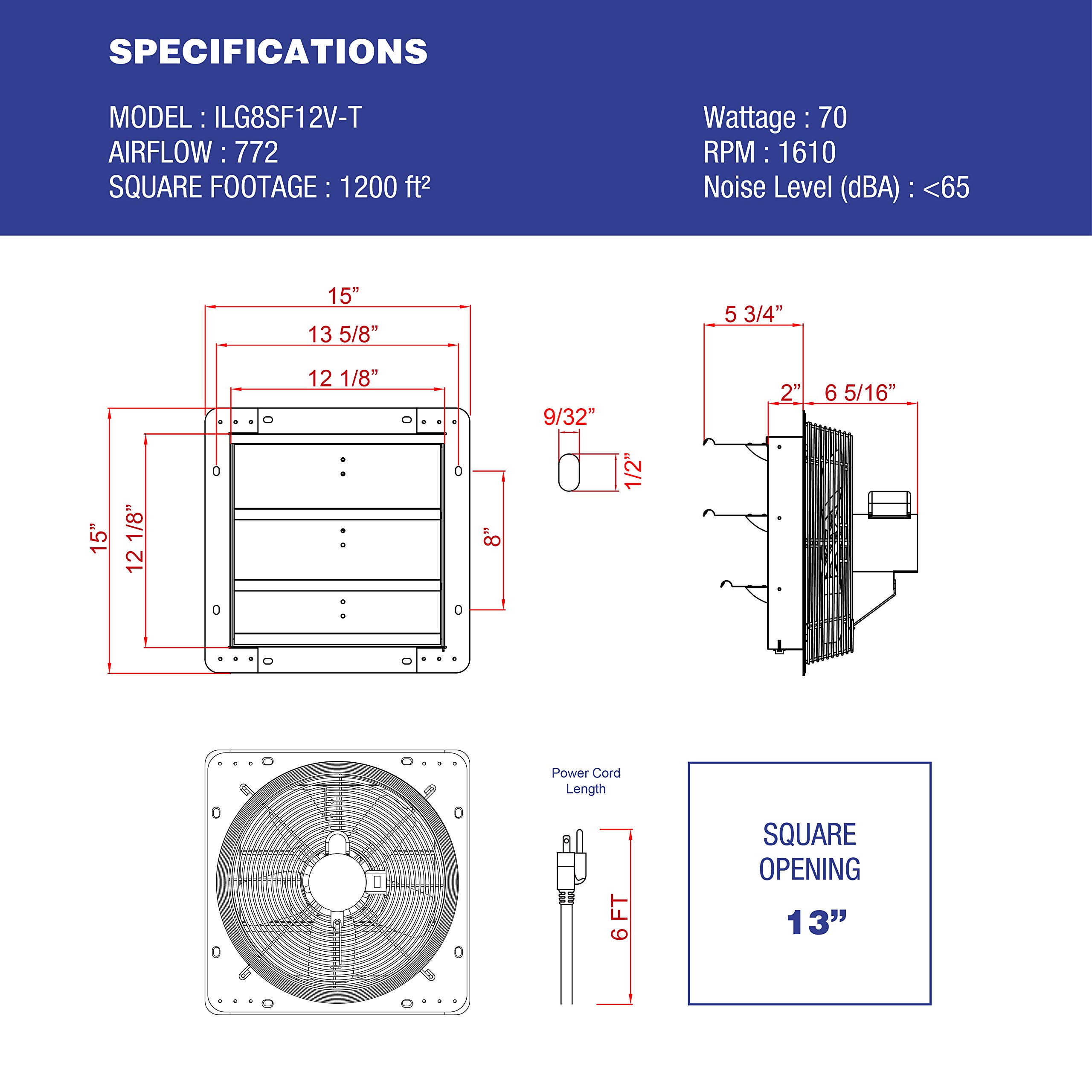 iLIVING 12" Wall Mounted Shutter Exhaust Thermostat Control-3 Speeds Vent Fan For Home Attic, Shed, or Garage Ventilation, 960 CFM, 1200 SQF Coverage Area, Variable, Silver