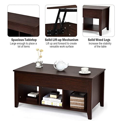 Tangkula Lift Top Coffee Table, with Hidden Storage Compartment and Shelf for Home Living Room, Accent Home Furniture, Wooden Lift Tabletop Storage Coffee Table (Espresso)