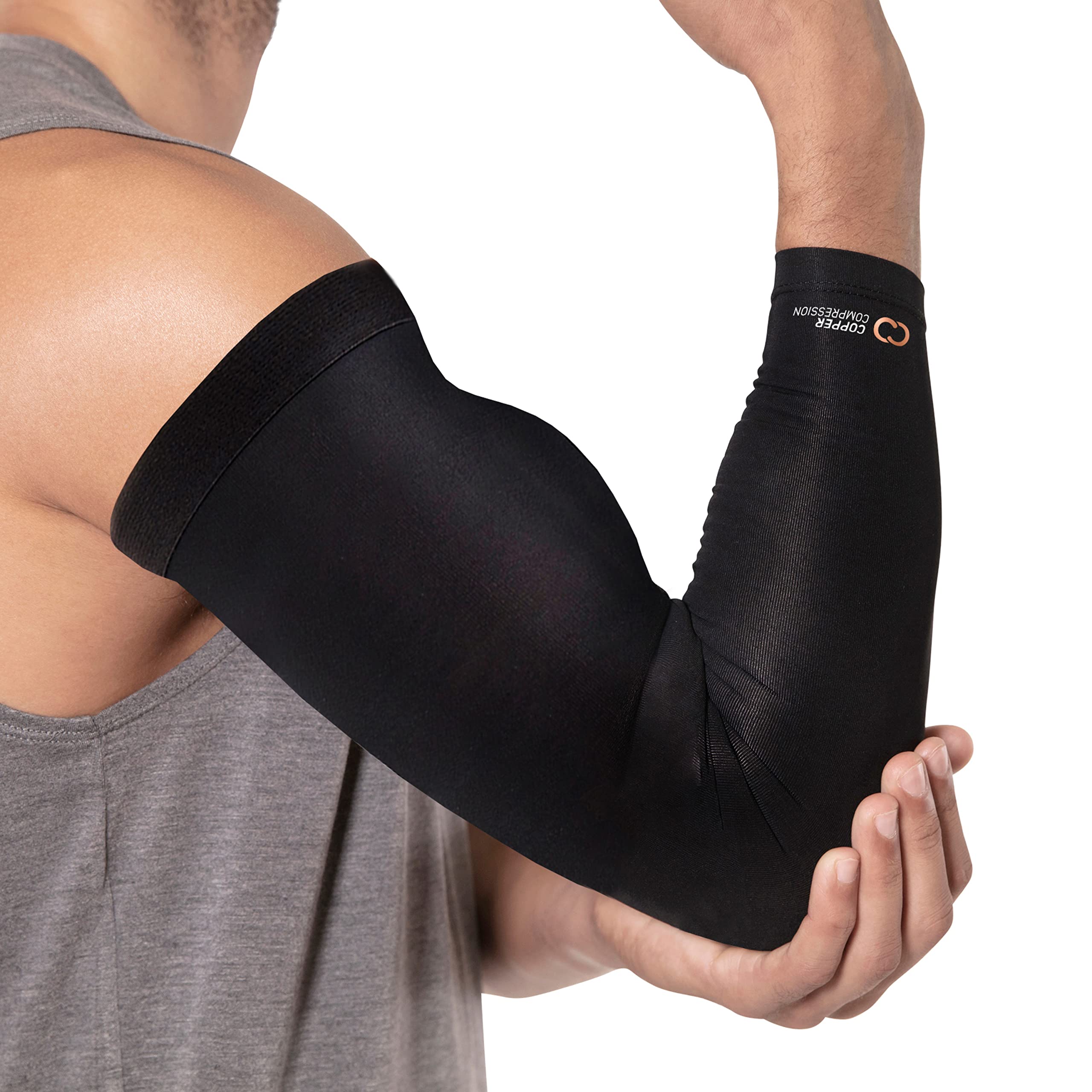 Copper Compression Arm Sleeve - Copper Infused Full Arm Brace for Forearm, Bicep, Triceps - Tennis Elbow, Basketball, Golf, Arthritis, Tendonitis, Bursitis, Post Surgery Rehab - Black - L