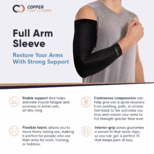 Copper Compression Arm Sleeve - Copper Infused Full Arm Brace for Forearm, Bicep, Triceps - Tennis Elbow, Basketball, Golf, Arthritis, Tendonitis, Bursitis, Post Surgery Rehab - Black - L