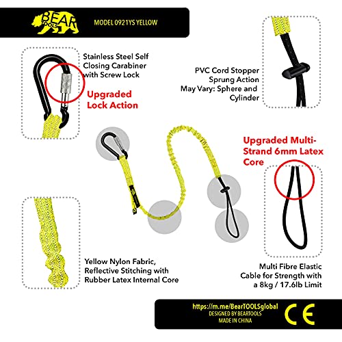 BearTOOLS Tool Lanyard with Buckle Strap – Clip Bungee Cord – Heavy Duty Screw Locking Carabiner – Fall Protection and Safety – Adjustable Loop End – Tough Tether – Construction - 0923YS (3 Pack)