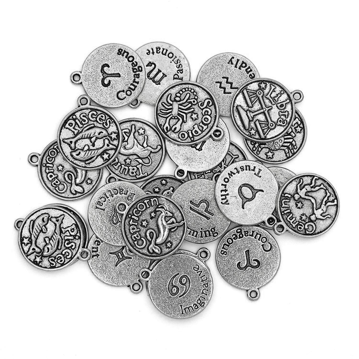 Cousin DIY Zodiac Charm Set for Jewelry Making, 24 count, Silver