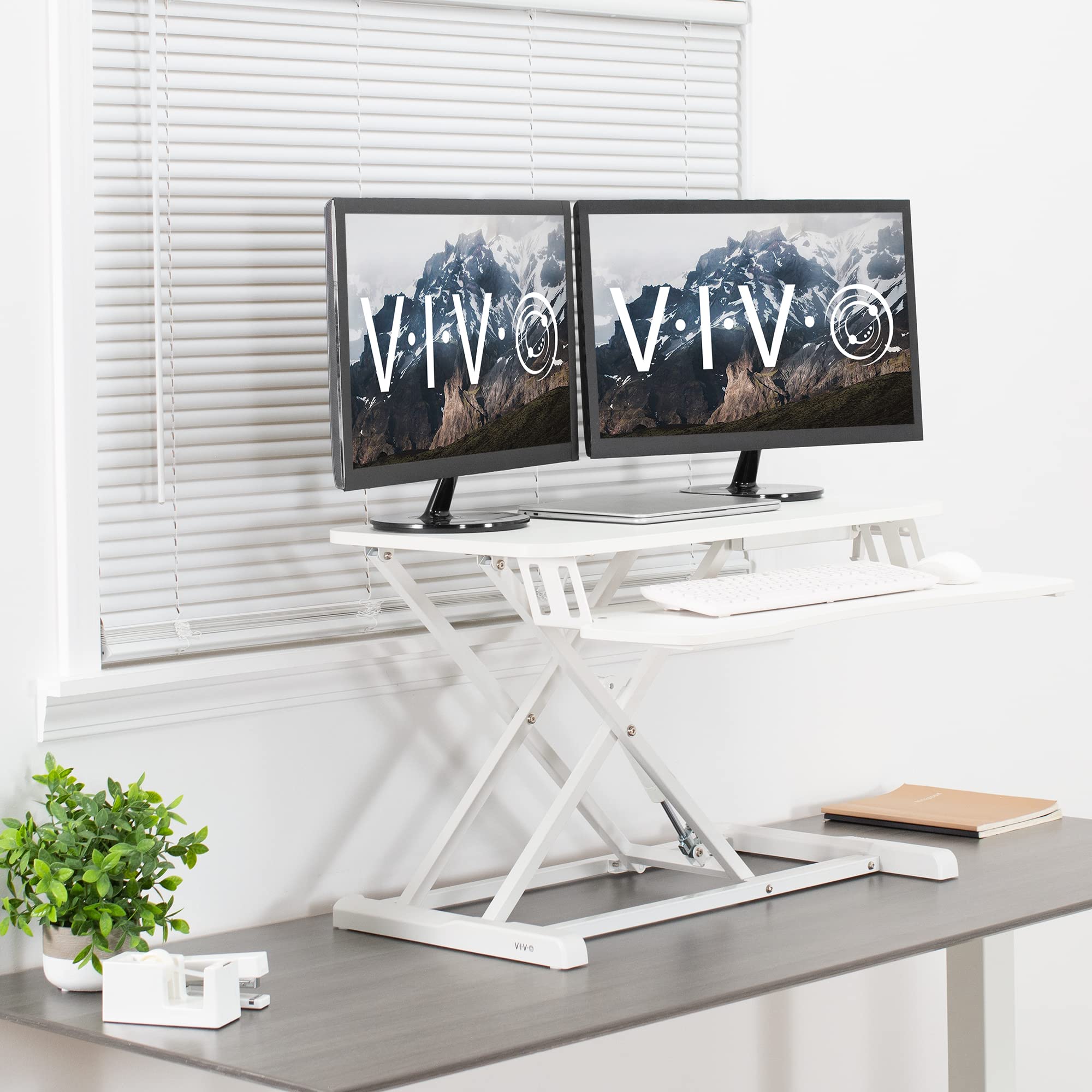 VIVO 32 inch Desk Converter, K Series, Height Adjustable Sit to Stand Riser, Dual Monitor and Laptop Workstation with Wide Keyboard Tray, White, DESK-V000KW