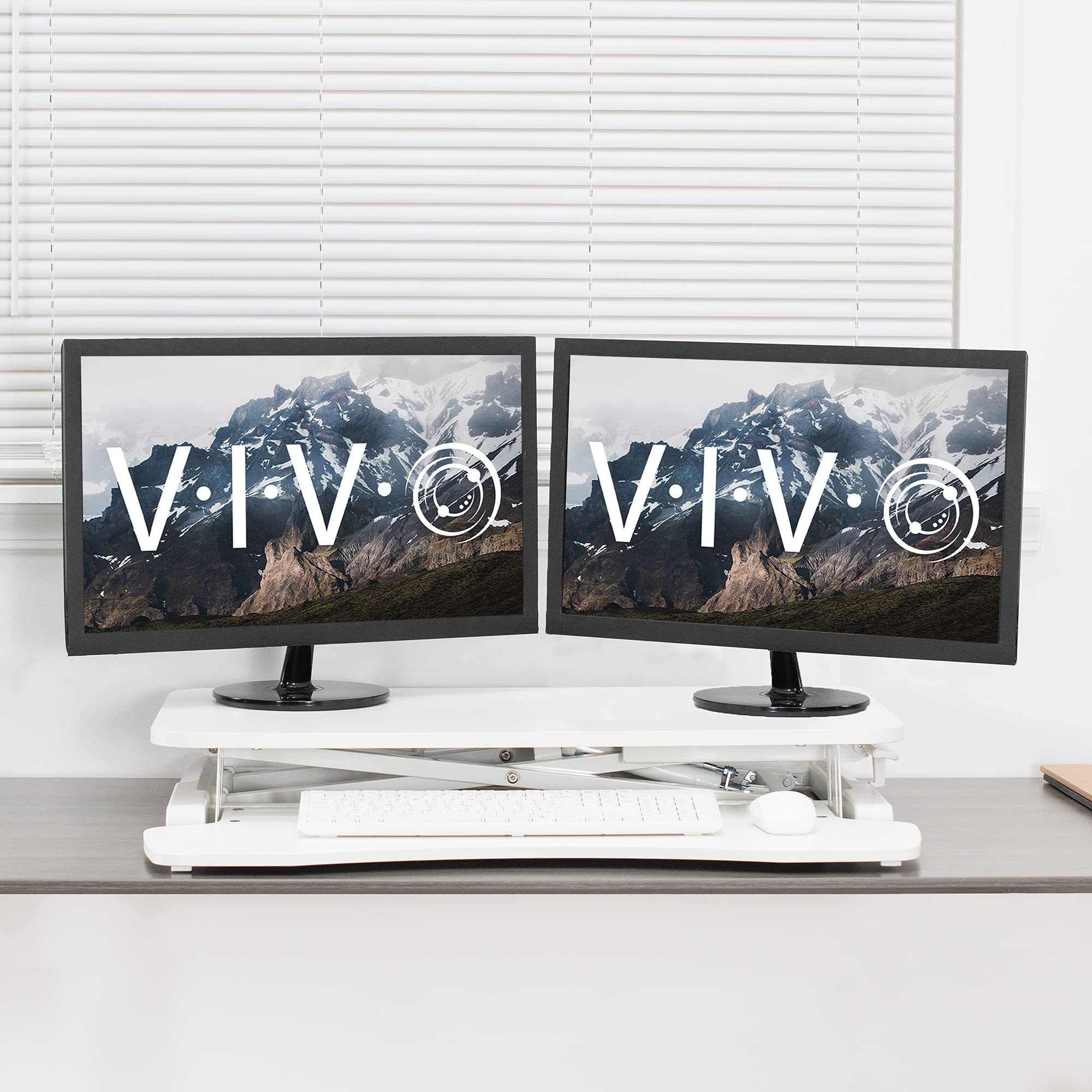 VIVO 32 inch Desk Converter, K Series, Height Adjustable Sit to Stand Riser, Dual Monitor and Laptop Workstation with Wide Keyboard Tray, White, DESK-V000KW