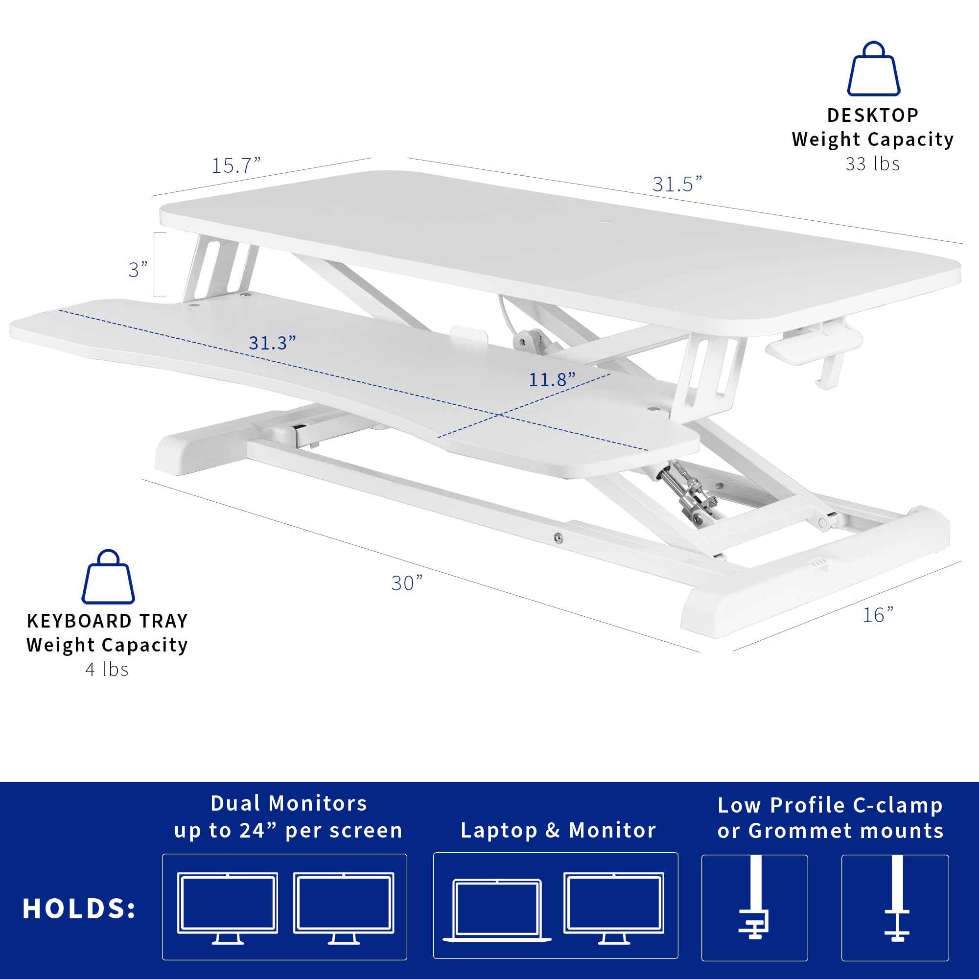 VIVO 32 inch Desk Converter, K Series, Height Adjustable Sit to Stand Riser, Dual Monitor and Laptop Workstation with Wide Keyboard Tray, White, DESK-V000KW