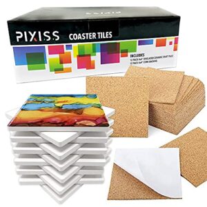 12 pack ceramic tiles for crafts coasters, ceramic white tiles unglazed 4x4 with cork backing pads, use with alcohol ink or acrylic pouring, diy make your own coasters, mosaics, painting projects