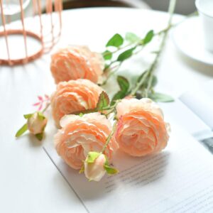 famibay Faux English Cabbage Rose 4 Branch 12 Stems Bundle Mixed Blooms & Buds Spays in Peach Pink, Artificial Silk Flowers & Fake Greenery, Indoor Outdoor Wedding Home Decor