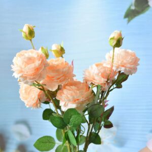 famibay Faux English Cabbage Rose 4 Branch 12 Stems Bundle Mixed Blooms & Buds Spays in Peach Pink, Artificial Silk Flowers & Fake Greenery, Indoor Outdoor Wedding Home Decor