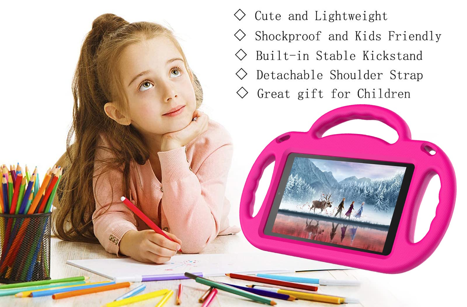 LTROP Fire 7 Tablet Case, Lightweight Handle Stand Shoulder Strap Child-Proof Case for Fire 7-inch Display Tablet (9th Generation & 7th Gen) - Rose