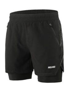 arsuxeo men's 2 in 1 active running shorts with 2 zipper pockets b191 black size medium