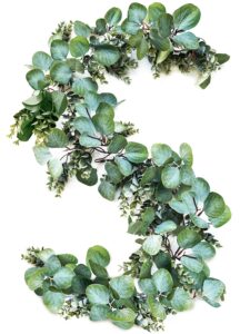 wildivory eucalyptus garland - lush, natural looking artificial faux greenery garland vine for wedding decor, table runner, mantle. abundant textured boxwood, silver dollar eucalyptus leaves