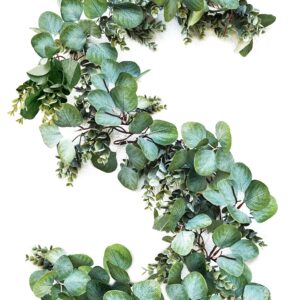 WildIvory Eucalyptus Garland - Lush, Natural Looking Artificial Faux Greenery Garland Vine for Wedding Decor, Table Runner, Mantle. Abundant Textured Boxwood, Silver Dollar Eucalyptus Leaves