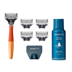 harry's razors for men - men's razor set with 5 razor blade refills, travel blade cover, 2 oz shave gel (ember)