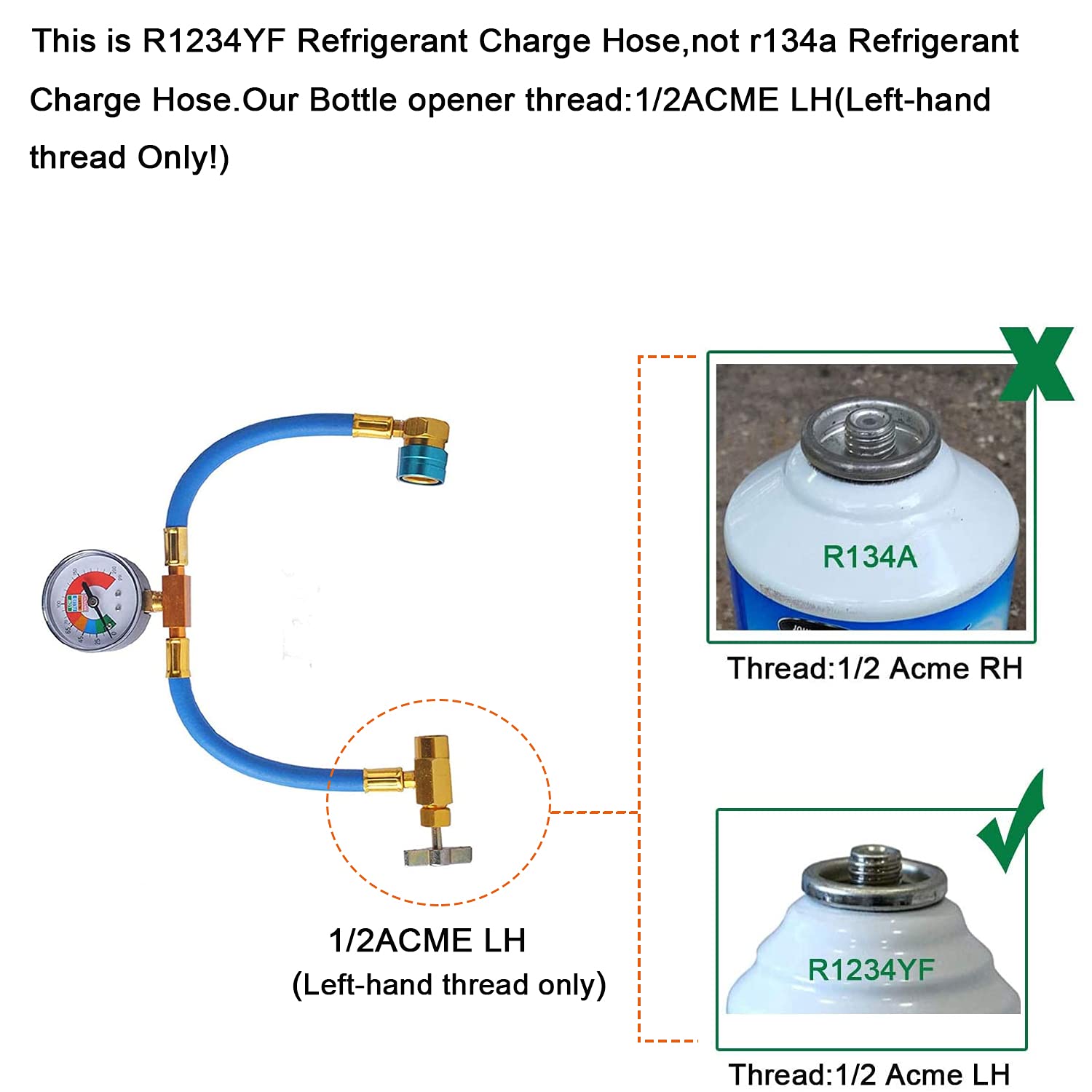 R1234YF Refrigerant Charge Hose Kit, R-1234YF AC refrigerant Can Hose with Gauge, 1/2 LH Can Opener Tap And R1234YF Low Side Adapter