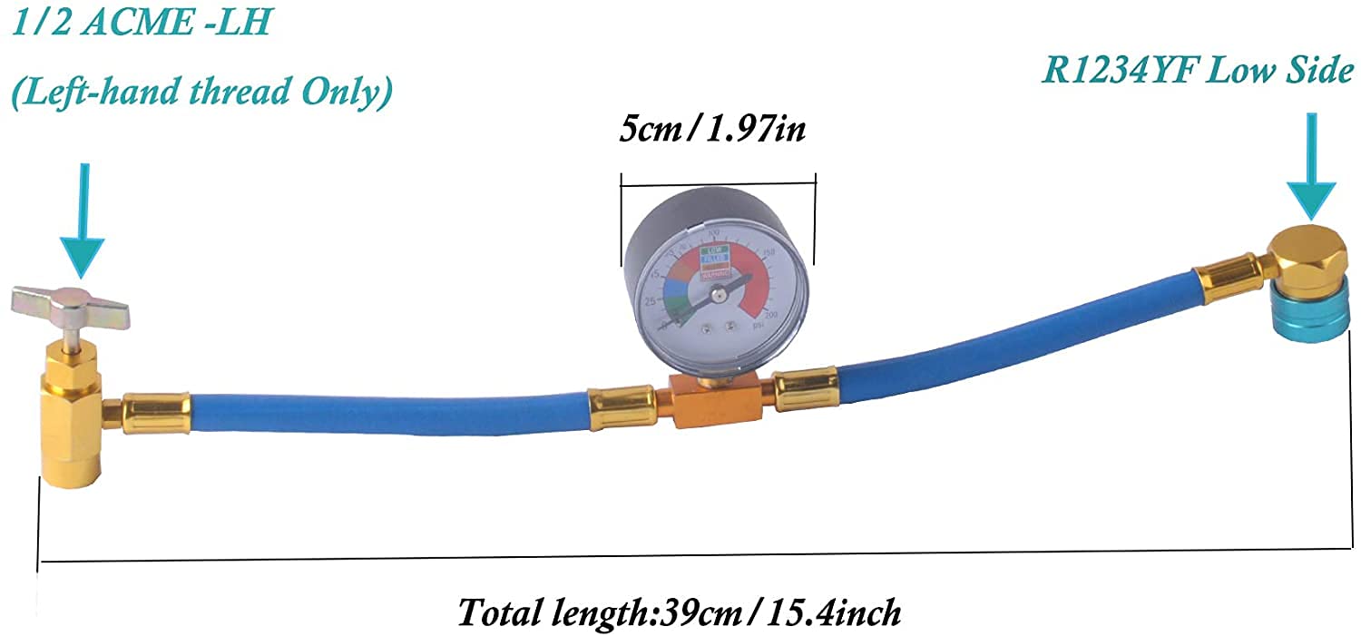 R1234YF Refrigerant Charge Hose Kit, R-1234YF AC refrigerant Can Hose with Gauge, 1/2 LH Can Opener Tap And R1234YF Low Side Adapter