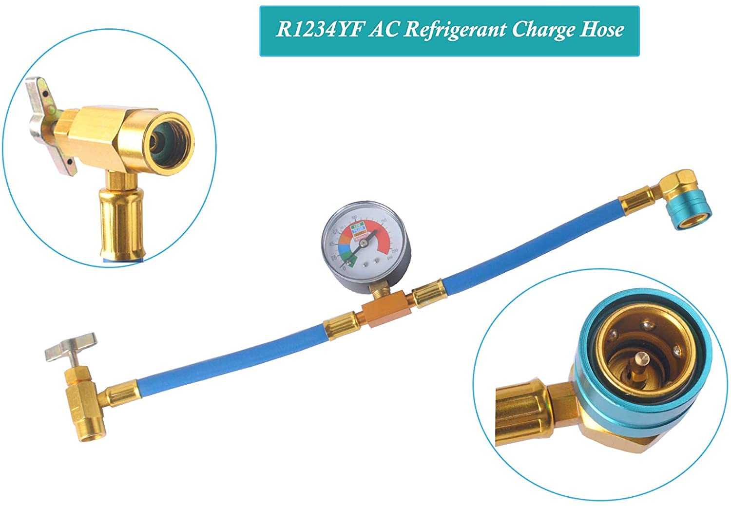 R1234YF Refrigerant Charge Hose Kit, R-1234YF AC refrigerant Can Hose with Gauge, 1/2 LH Can Opener Tap And R1234YF Low Side Adapter