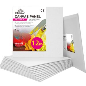 phoenix small painting canvas panels 4x4 inch, 12 value pack - 8 oz triple primed 100% cotton acid free square canvas boards for painting, white blank flat canvas boards for acrylic, oil paints