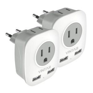 [2-pack] european travel plug adapter, vintar international power plug adapter with 2 usb ports,2 american outlets- 4 in 1 outlet adapter,travel essentials to italy,greece,france, spain (type c)