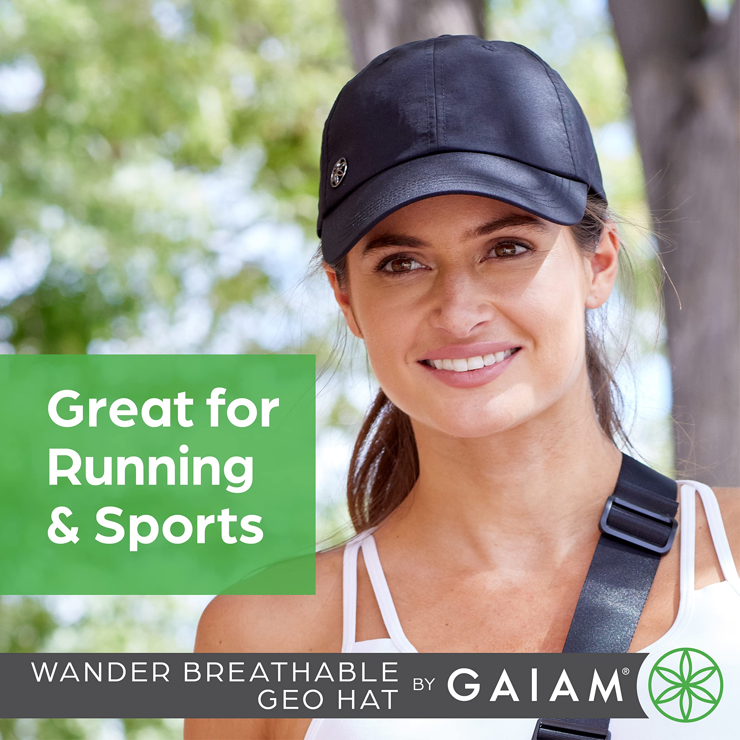 Gaiam Wander Breathable Geo Black Hat - Cute Women's Baseball Hat for Summer, Lightweight, Adjustable Strap, Moisture-Absorbing Sweatband for Running & Hiking, 6-Panel Ball Cap for Women, Black