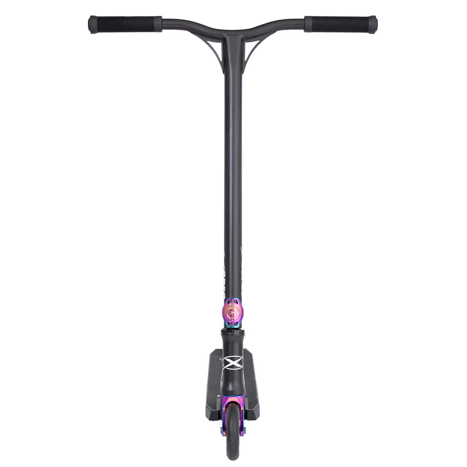 Xspec Pro Stunt Kick Scooter, Unique Oil Slick Anodized Design Trick Scooter, Matte Black Frame, Purple Rainbow Neo Chrome