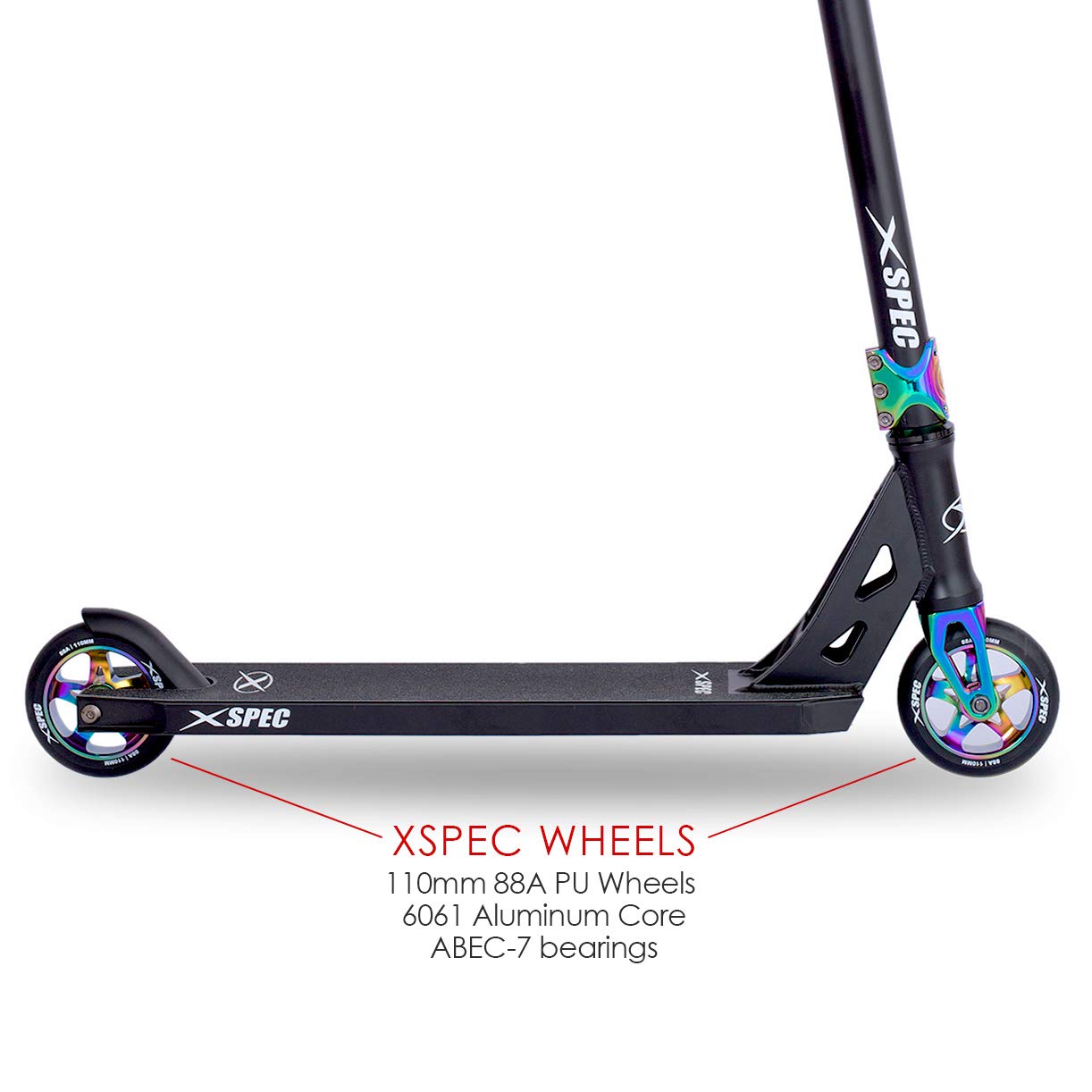 Xspec Pro Stunt Kick Scooter, Unique Oil Slick Anodized Design Trick Scooter, Matte Black Frame, Purple Rainbow Neo Chrome