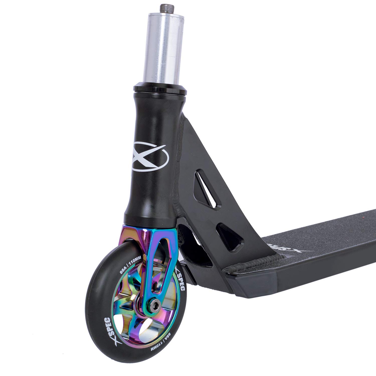 Xspec Pro Stunt Kick Scooter, Unique Oil Slick Anodized Design Trick Scooter, Matte Black Frame, Purple Rainbow Neo Chrome