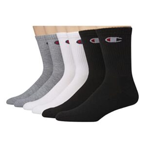 champion men's double dry moisture wicking crew socks 6, 8, 12 packs availabe, white/grey/black-6 pack, 6-12