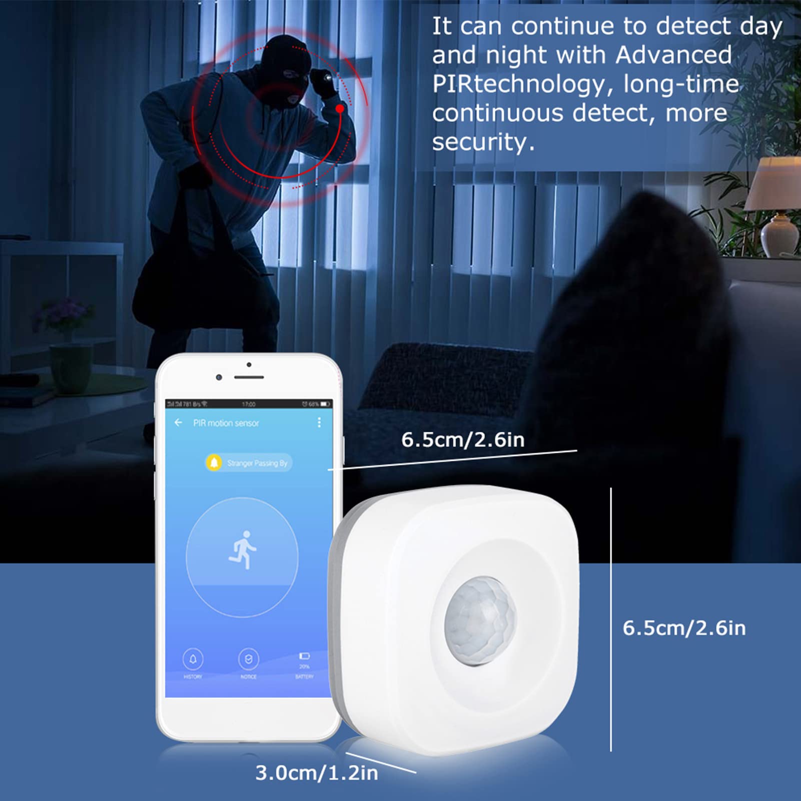 PIR Motion Sensor Smart Home Security Burglar Alarm 2.4GHz Motion Detection Sensor Real-time Monitoring Day or Night Support Free APP Mode & Emergency Alert Push