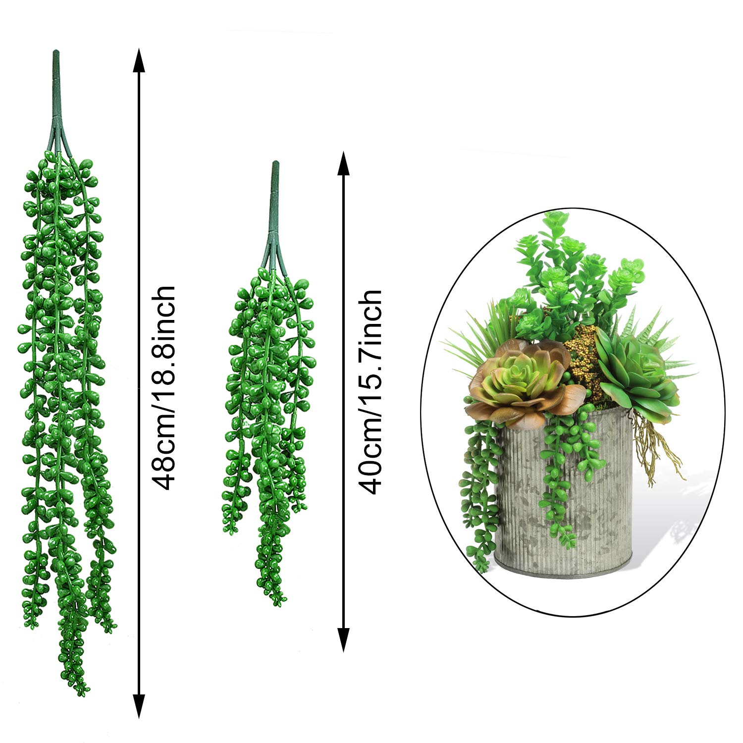 4PCS Artificial String of Pearls Succulent, Fake Hanging Vine Plant for Wedding Party Home Garden Wall Decor, Faux Donkeys Tail Sedum Morganianum Burro Trailing Succulent, Lover Tears Basketplant