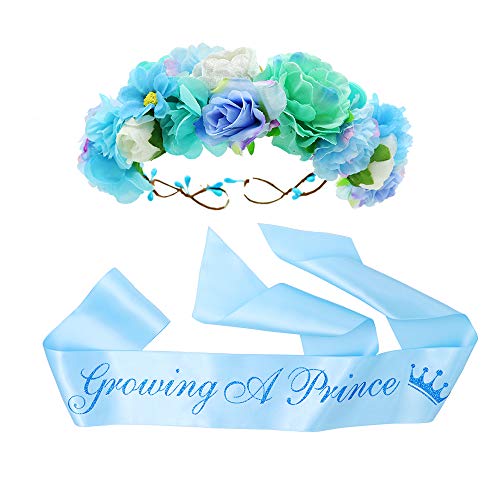 "Growing a Prince" Sash & Flower Crown Kit - Baby Shower Sash Prince Baby Boy Shower Baby Sprinkle (Blue)