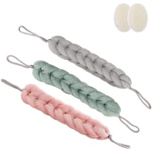 lsiwmsk 3 pack long bath loofahs stretchable braided mesh exfoliating loofah back scrubber ball body bath shower sponge 3 colors (3 x bath sponge + 2 x loofah pad)