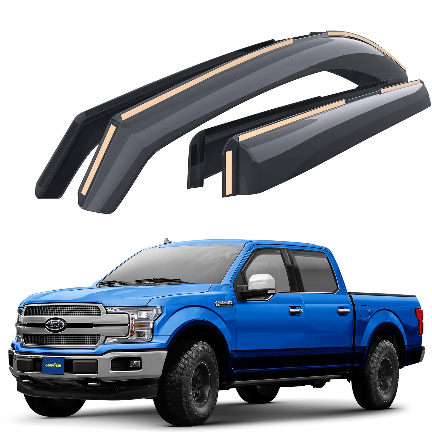 Goodyear Shatterproof in-Channel Window Deflectors for Ford F150 2015-2020 SuperCrew (fit for Ford F250-F550 17-23), Rain Guards, Window Visors, Vent Deflector, Truck Accessories, 4 pcs- GY003407